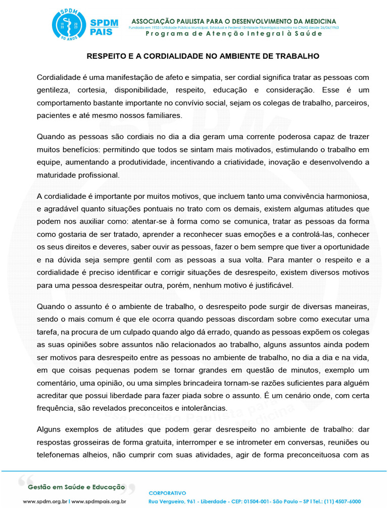 Respeito e Cordialidade No Ambiente de Trabalho | PDF