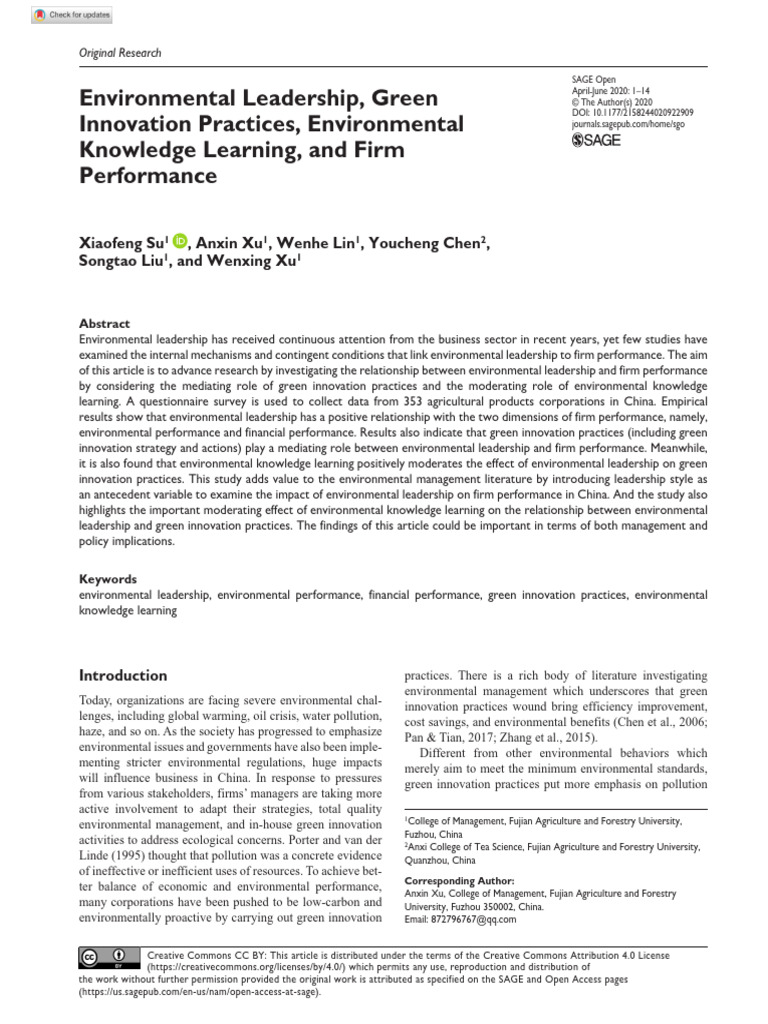 Environmental Leadership, Green Innovation Practices, Environmental ...