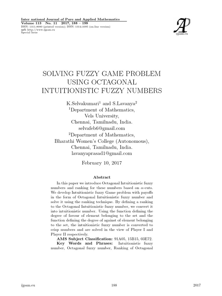 Solving Fuzzy Game Problem Using Octagonal Intuitionistic Fuzzy Numbers | PDF