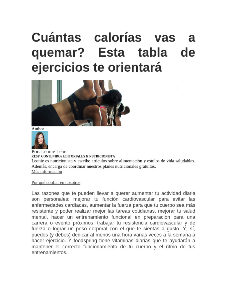 Tabla de Calorías Quemadas por Ejercicio | PDF | Caloría | Nutrición