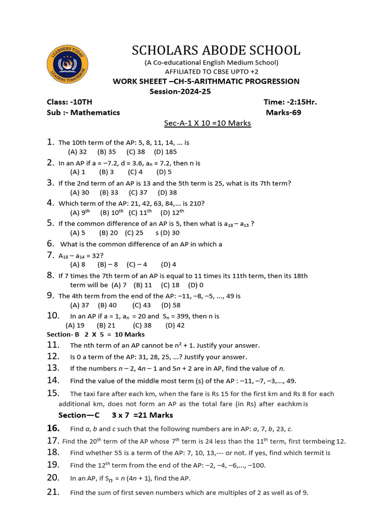 Work Sheet CH-5 Arithmatic Progression | PDF | Teaching Methods & Materials