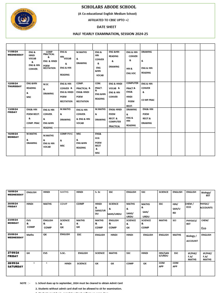 HALF YEARLY DATE SHEET (Autosaved) - 1 | PDF