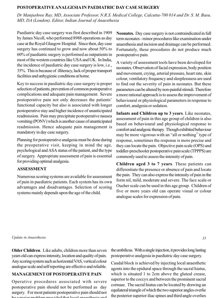 Postoperative Analgesia in Paediatric Day Case Surgery | PDF ...