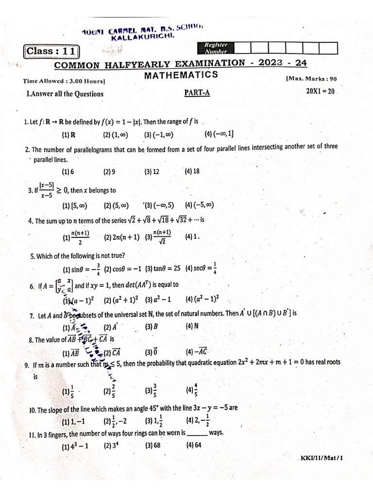 11th Maths EM Half Yearly Exam 2023 Question Paper With Answer Keys Kallakurichi District ...