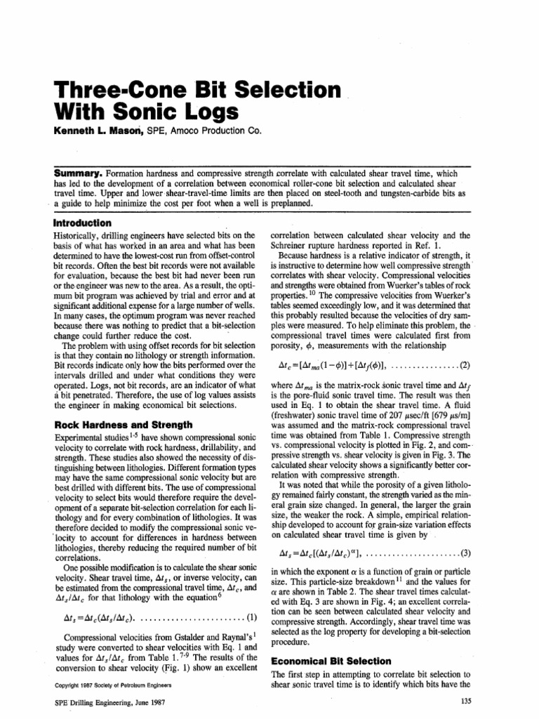 SPE-013256 Three-Cone Bit Selection With Sonic Logs | PDF