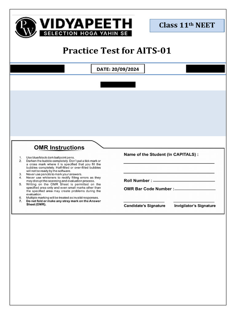 Practice Test-02 For AITS-1 (Question Paper) | PDF