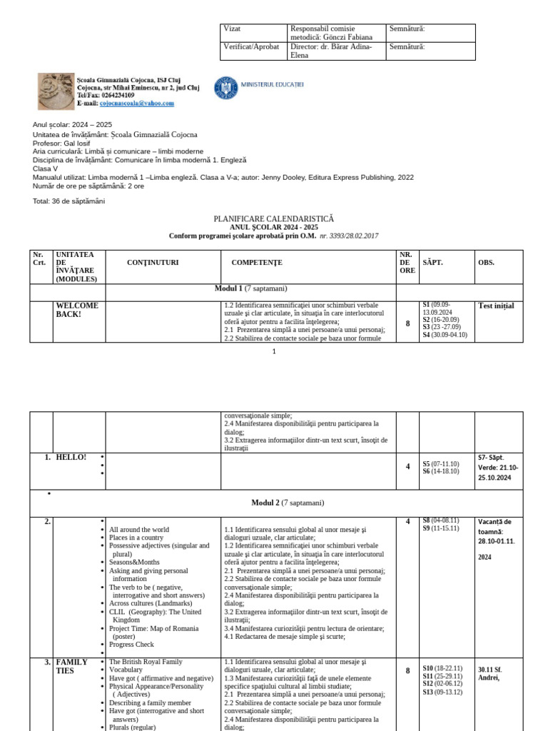 Planificare Calendaristica Pentru A V-A | PDF