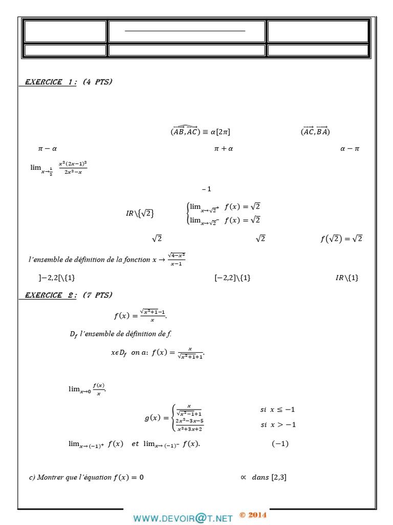 Devoir de Synthèse N°1 - Math - 3ème Sciences Exp (2013-2014) MR MBAREK Kamel | PDF