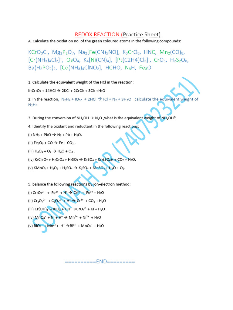 Chemistry Redox Practice Sheet | PDF