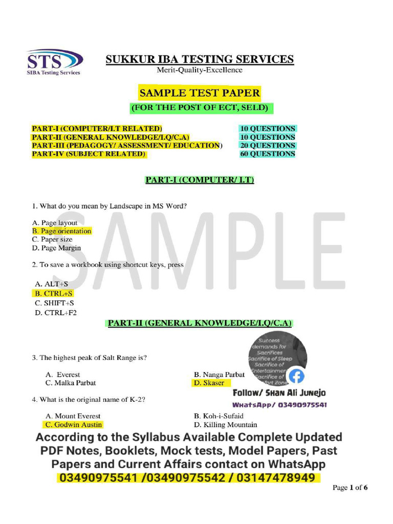 ECT Previous Solved Sample Papers by Shan Ali Junejo 03490975541 | PDF