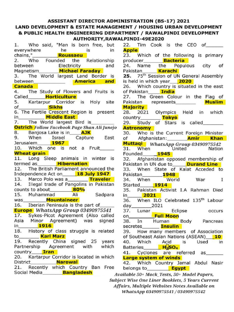 PPSC One Liner Solved Past Papers MCQs WhatsApp 03490975542 | PDF