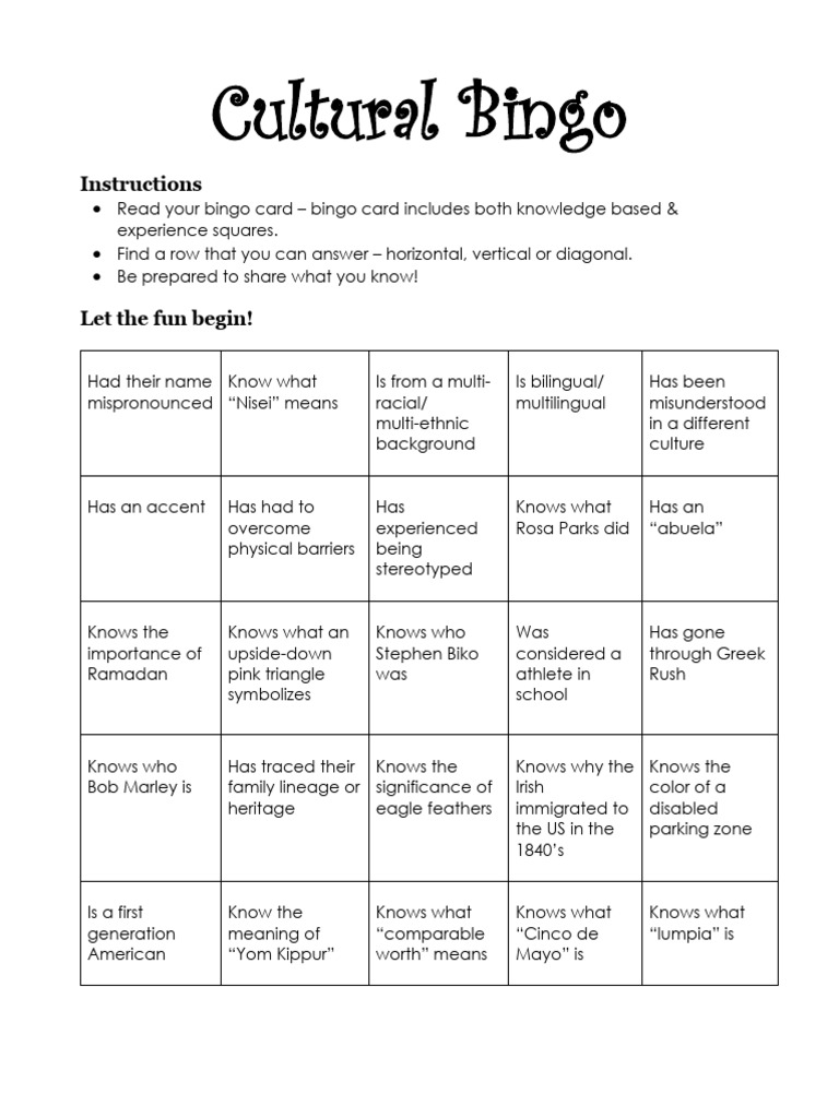 Cultural Diversity Bingo Game | PDF | General Fiction