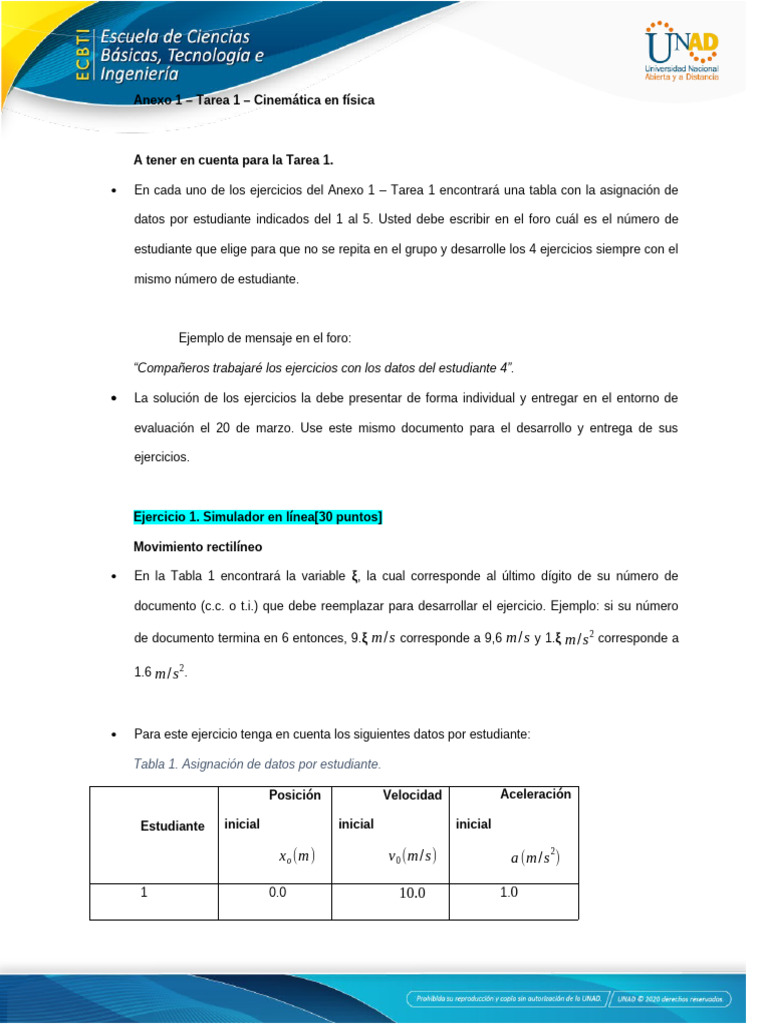 Anexo 1 - Tarea 1 Ejercicios Cinemática | PDF | Velocidad | Aceleración
