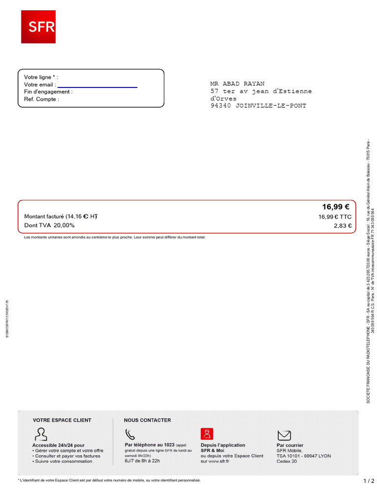 Votre Facture Mobile: MR Abad Rayan 57 Ter Av Jean D Estienne D Orves ...