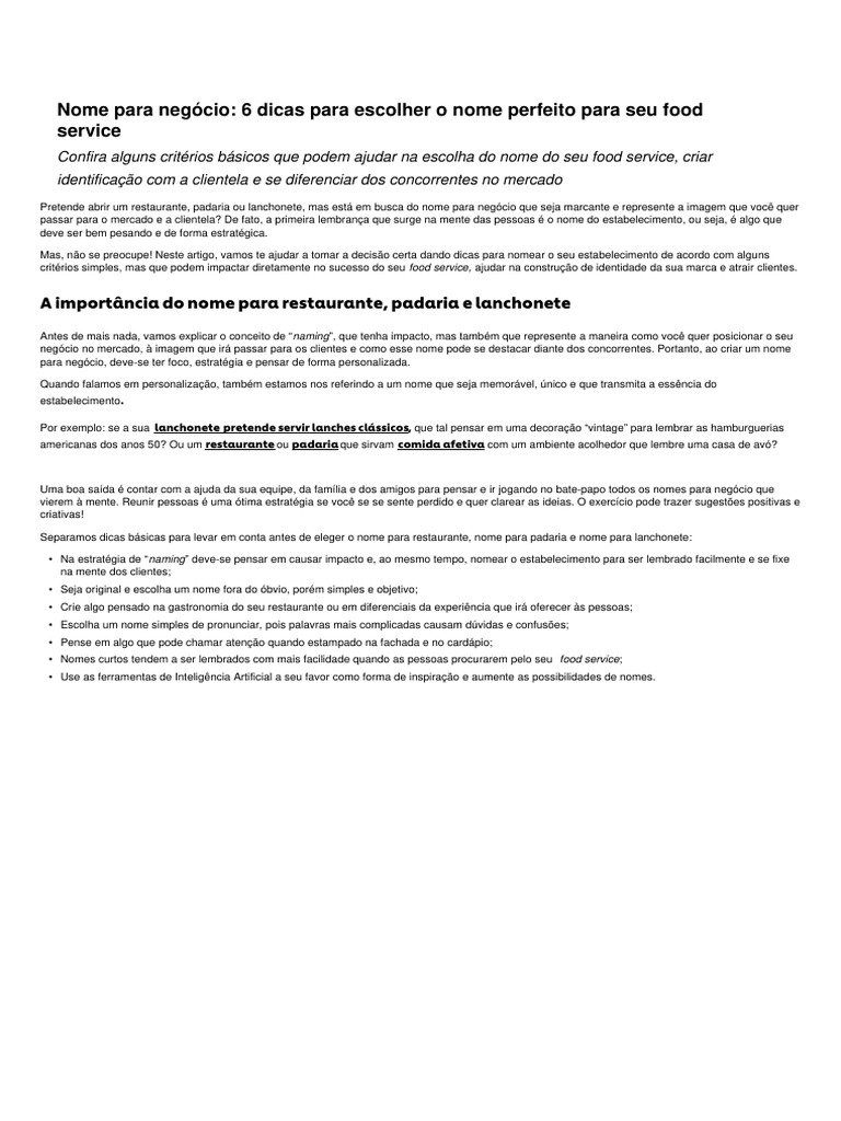 Nome Do Negócio 6 Dicas para Nomear Seu Food Service | PDF