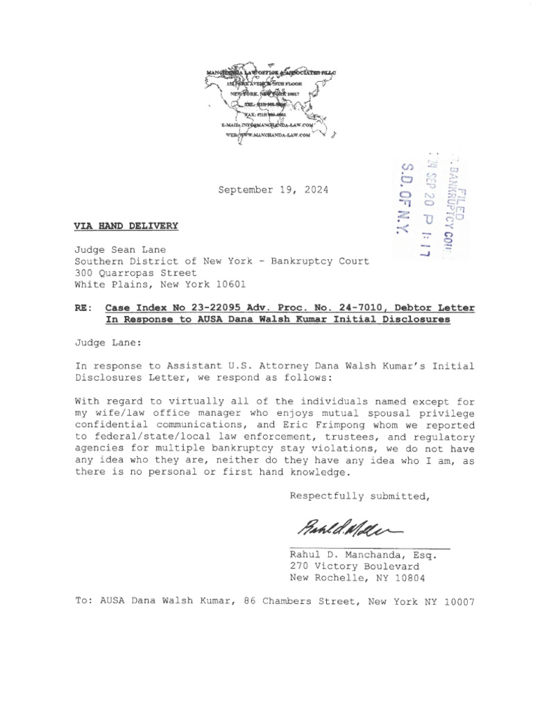 Debtor Letter in Response To AUSA Dana Walsh Kumar Initial Disclosures ...
