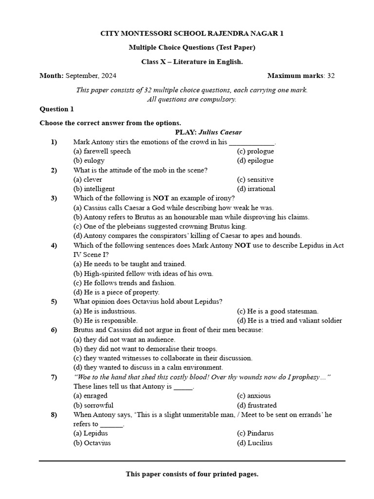 Class X Literature MCQ Test Paper | PDF | Mark Antony | History