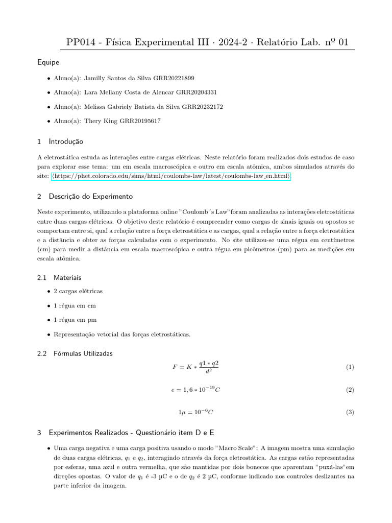 Template Relatórios PP014 Física Experimental III UFPR | PDF | Carga elétrica | Eletrostática