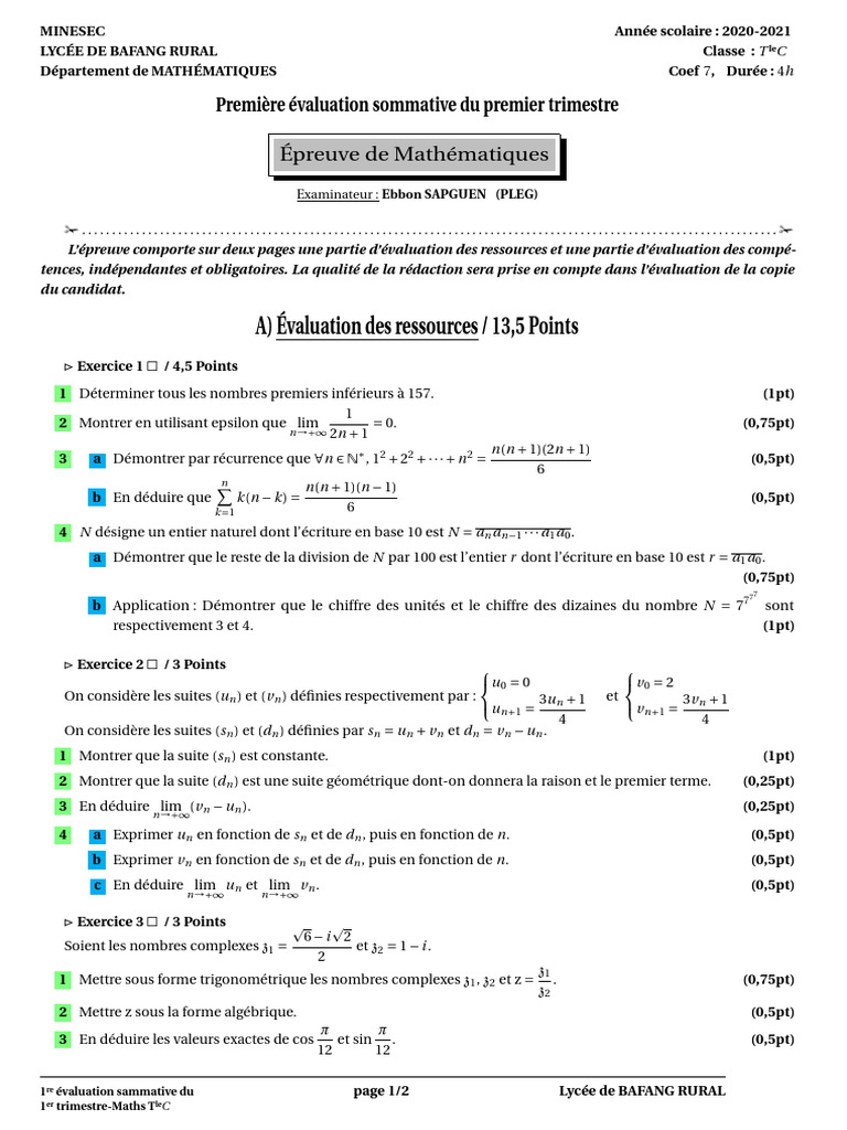 1ère Seq TC - 2020 2021 | PDF