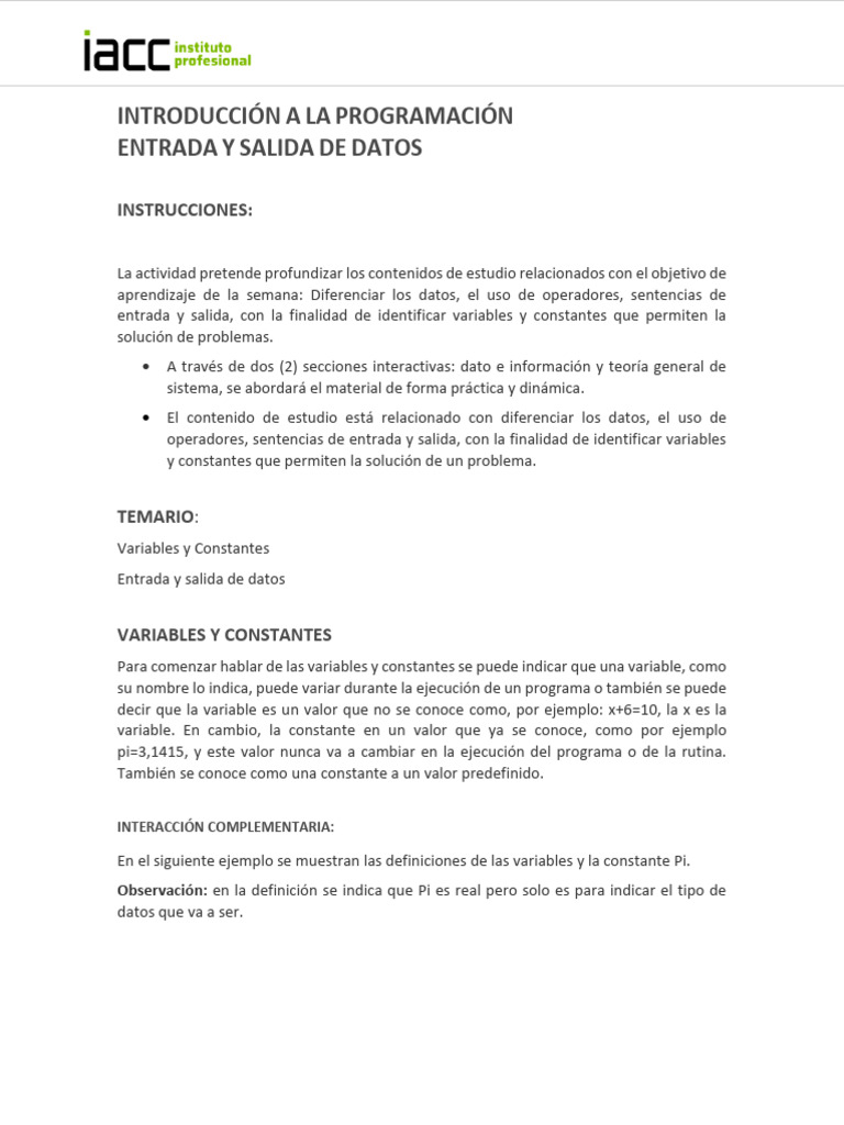 Introducción A La Programación Entrada y Salida de Datos | PDF | Variable (informática) | Algoritmos
