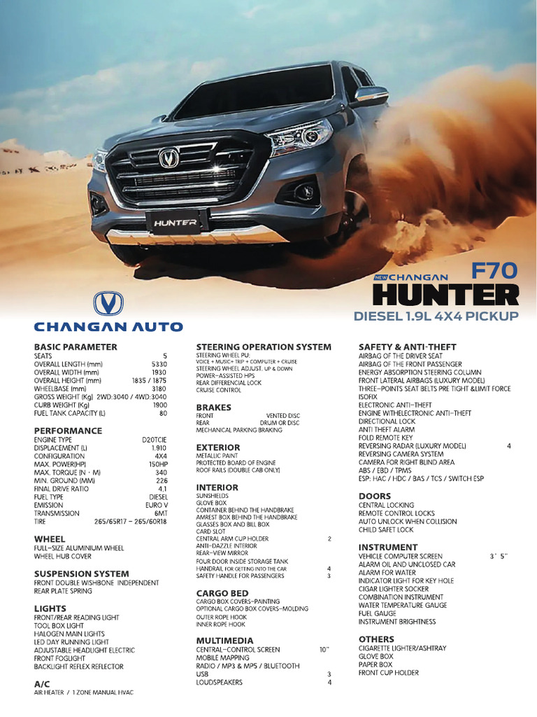 Ficha Tecnica F70 Hunter Diesel Changan | PDF