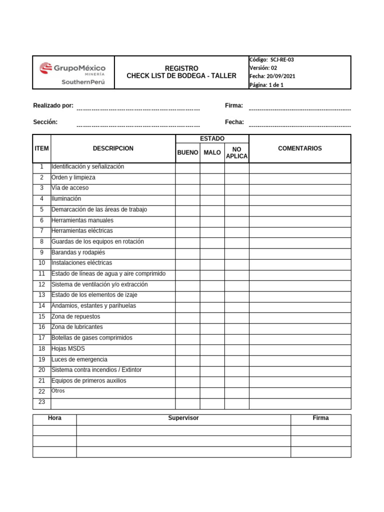 SCJ-RE-03 Check List Bodega - Taller | PDF