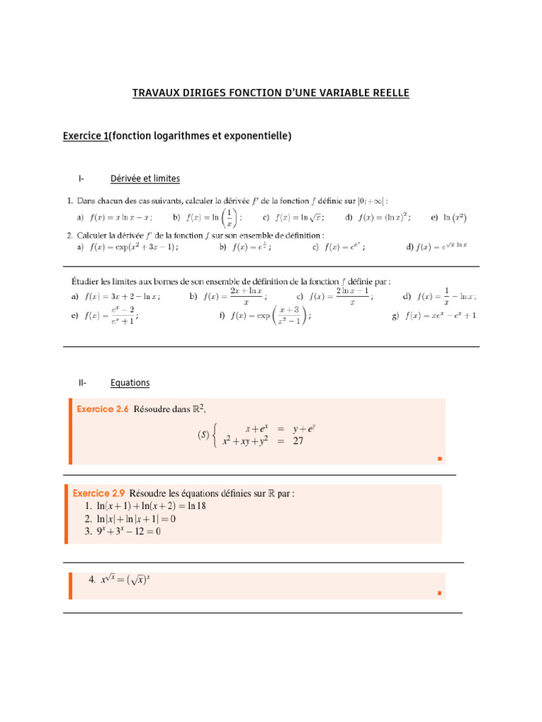 TD FONCTIONS D'UNE VARIABLE REELLE | PDF