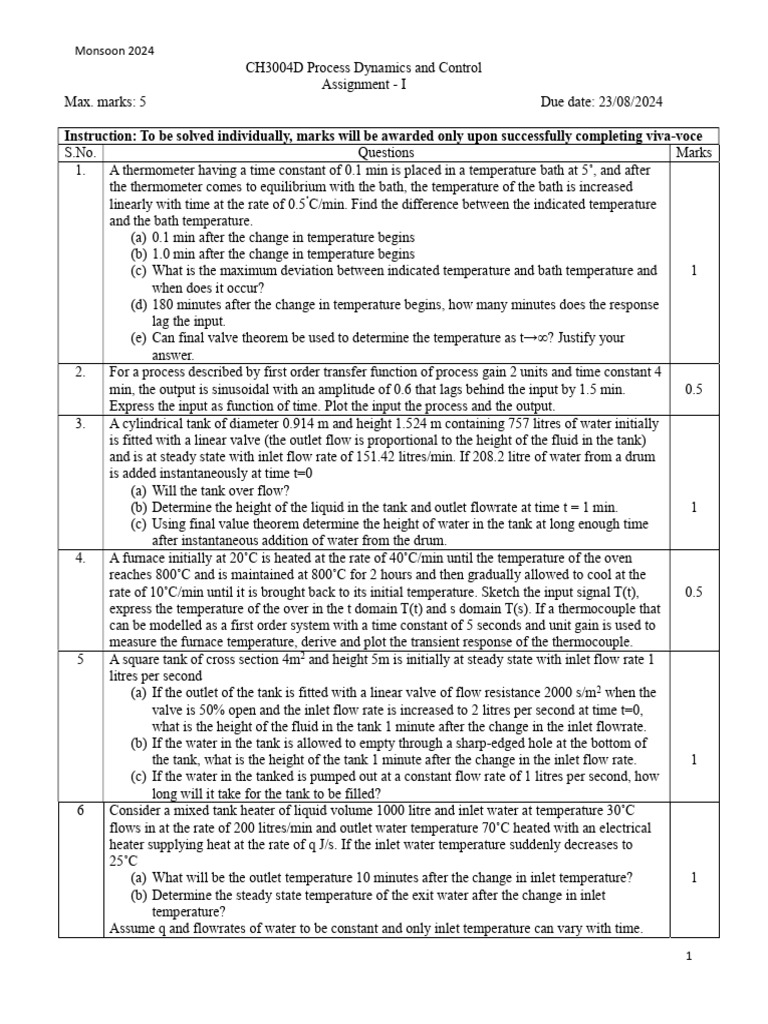 CH3004D - Process Dynamics and Control - Problem Sheet 1 Monsoon 2024 | PDF | Temperature | Flow ...