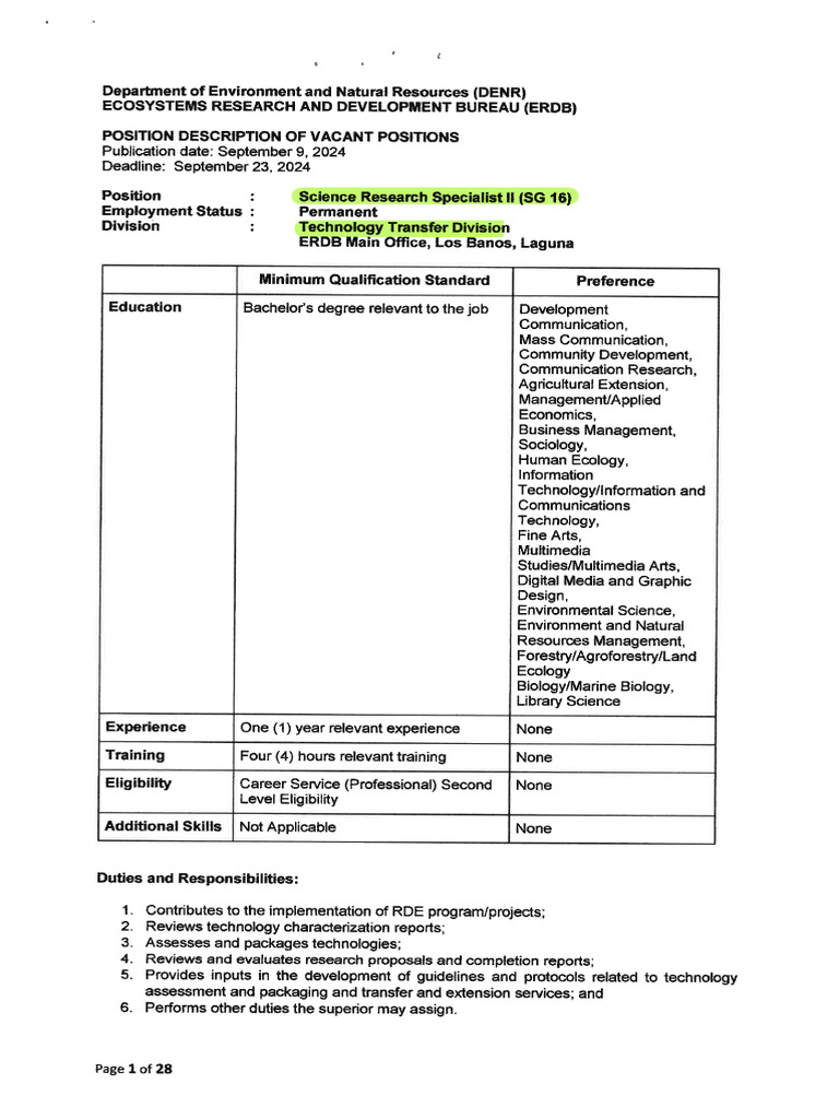 Position Description of Vacant Positions - 09.10.2024 - ERDB | PDF
