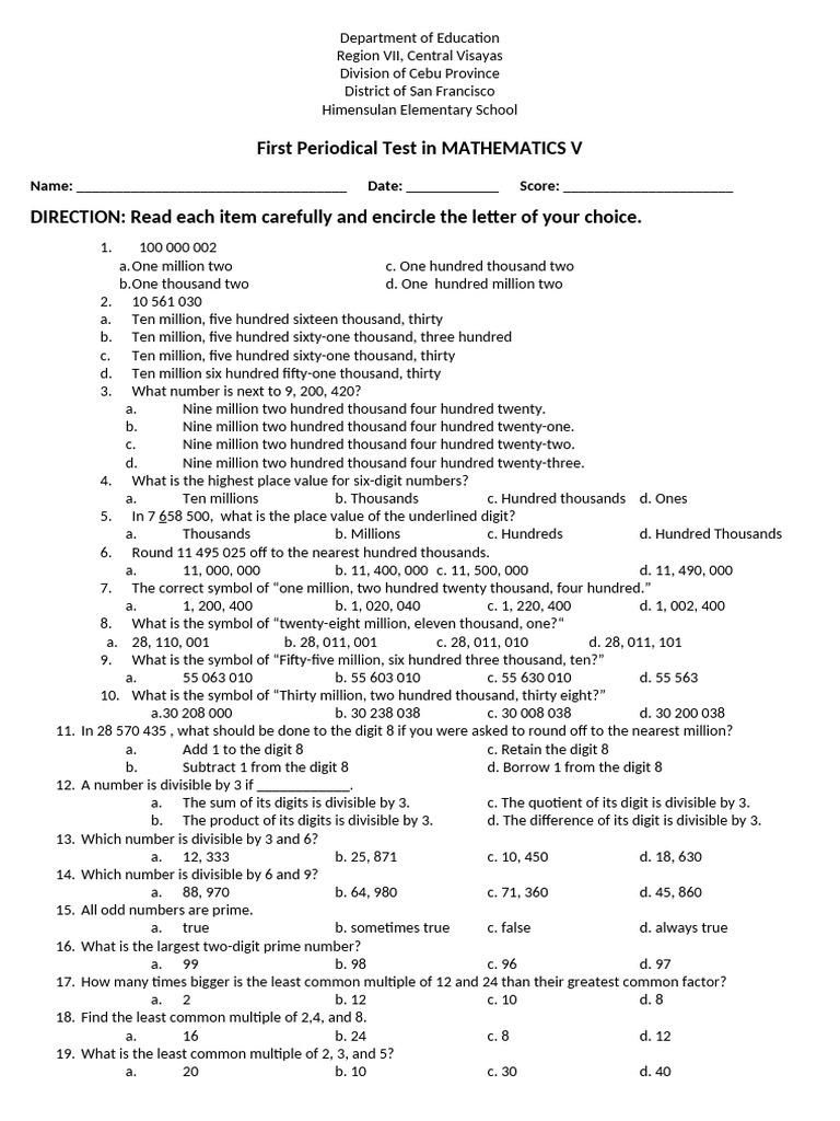 Math 5 Periodical Test | PDF