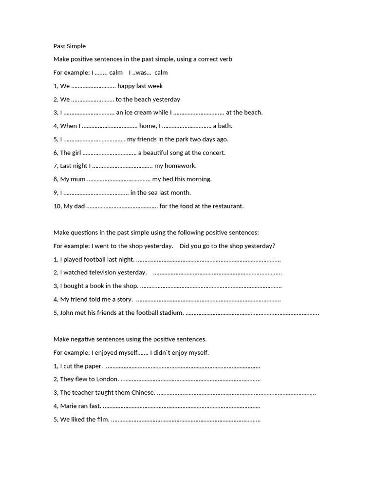 Past Simple Positive Negative and Questions Sentence Transformation ...
