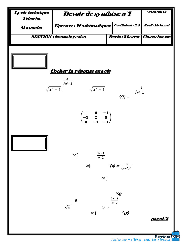 Devoir de Synthèse N°1 2013 2014 (MR H Jamel) | PDF