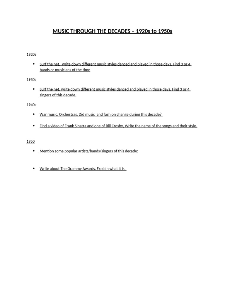 Music Through the Decades 1920s to 1950s | PDF