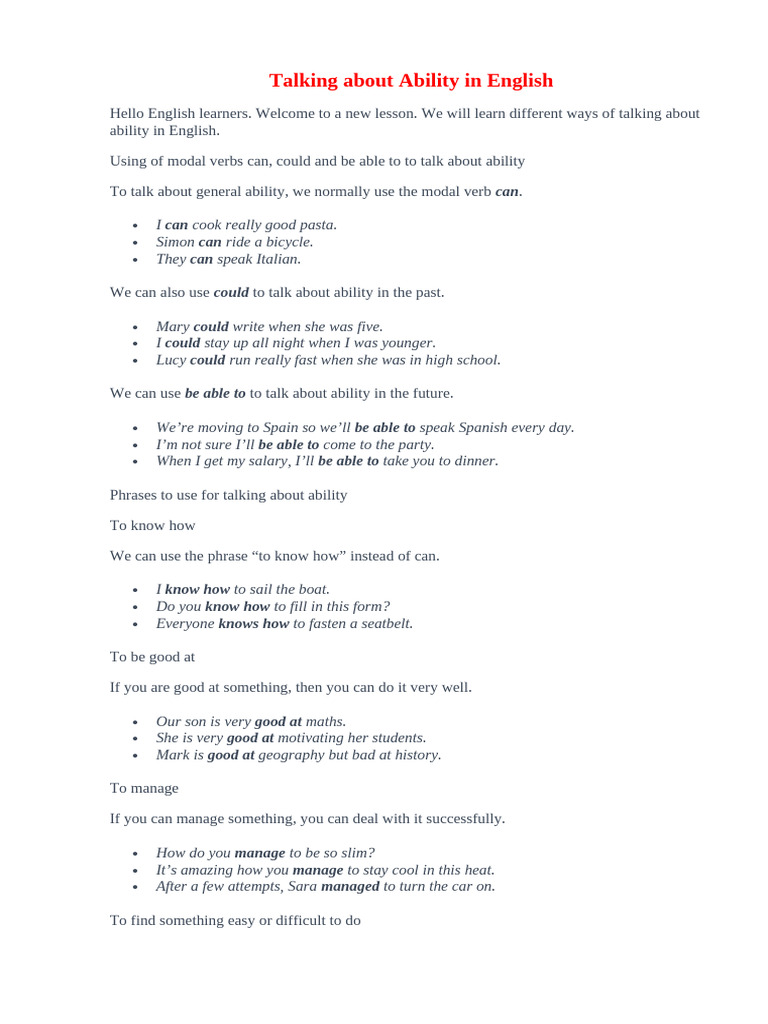 Talking About Ability in English 11 Klass 3 Chetvert | PDF