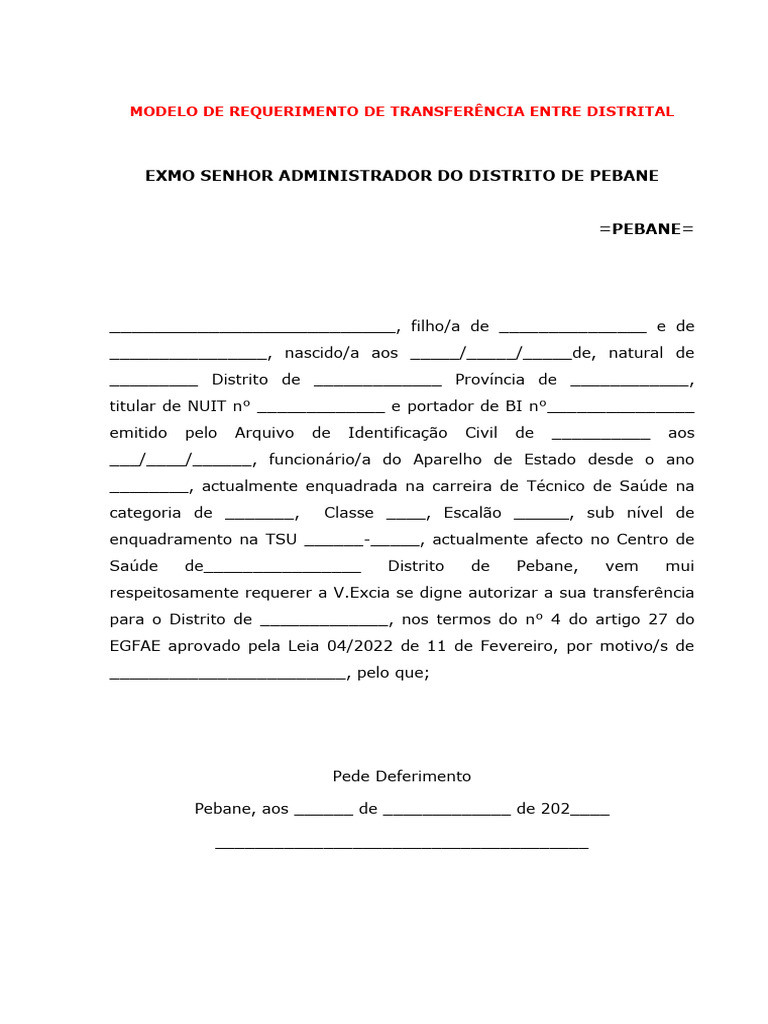 2023 Modelo Requerimento de Transferencia | PDF