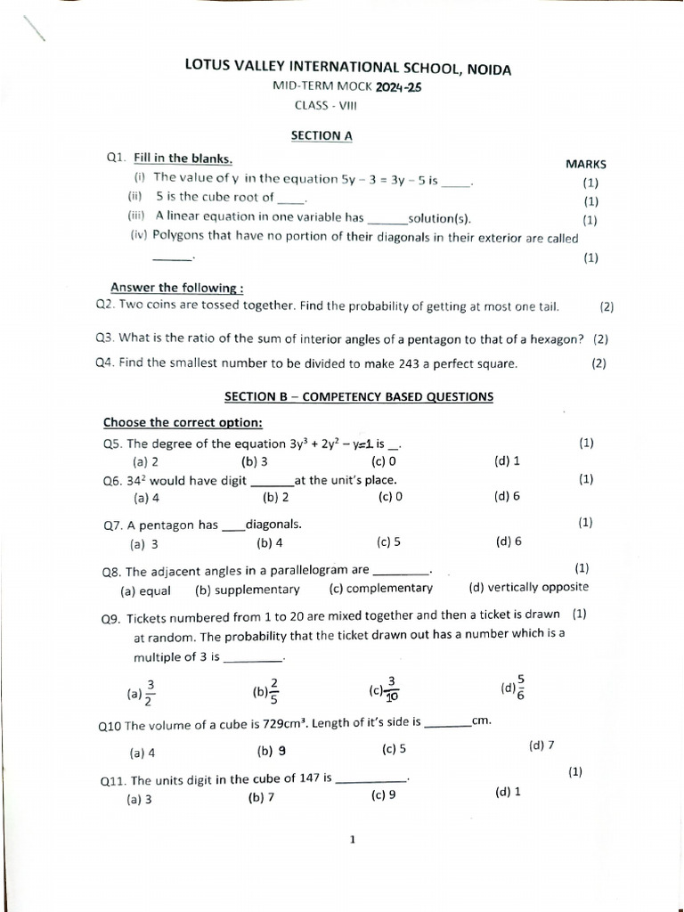 Mock Test Grade 8 Midterm | PDF