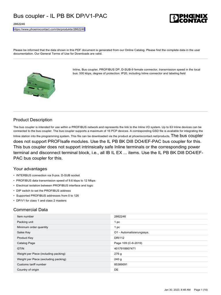 Bus Coupler PROFIBUS DP 2862246 | PDF