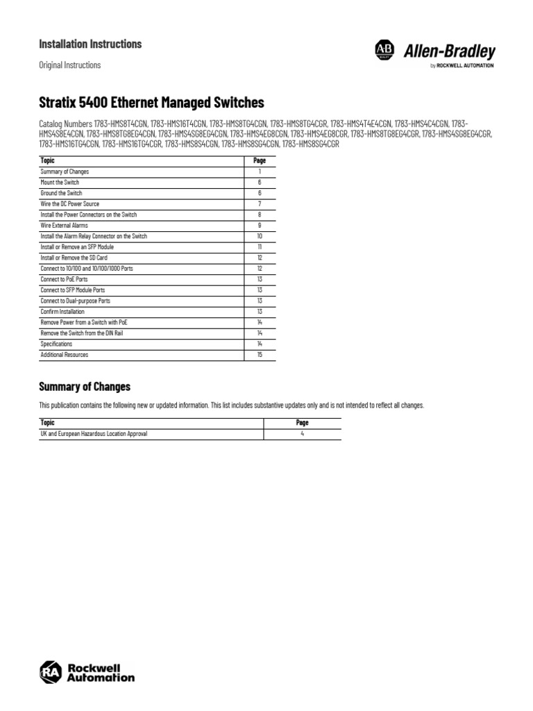 Stratix 5400 Ethernet Managed Switches: Installation Instructions | PDF