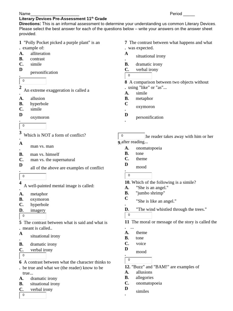 Literary Devices Pre-Assessment Test | PDF