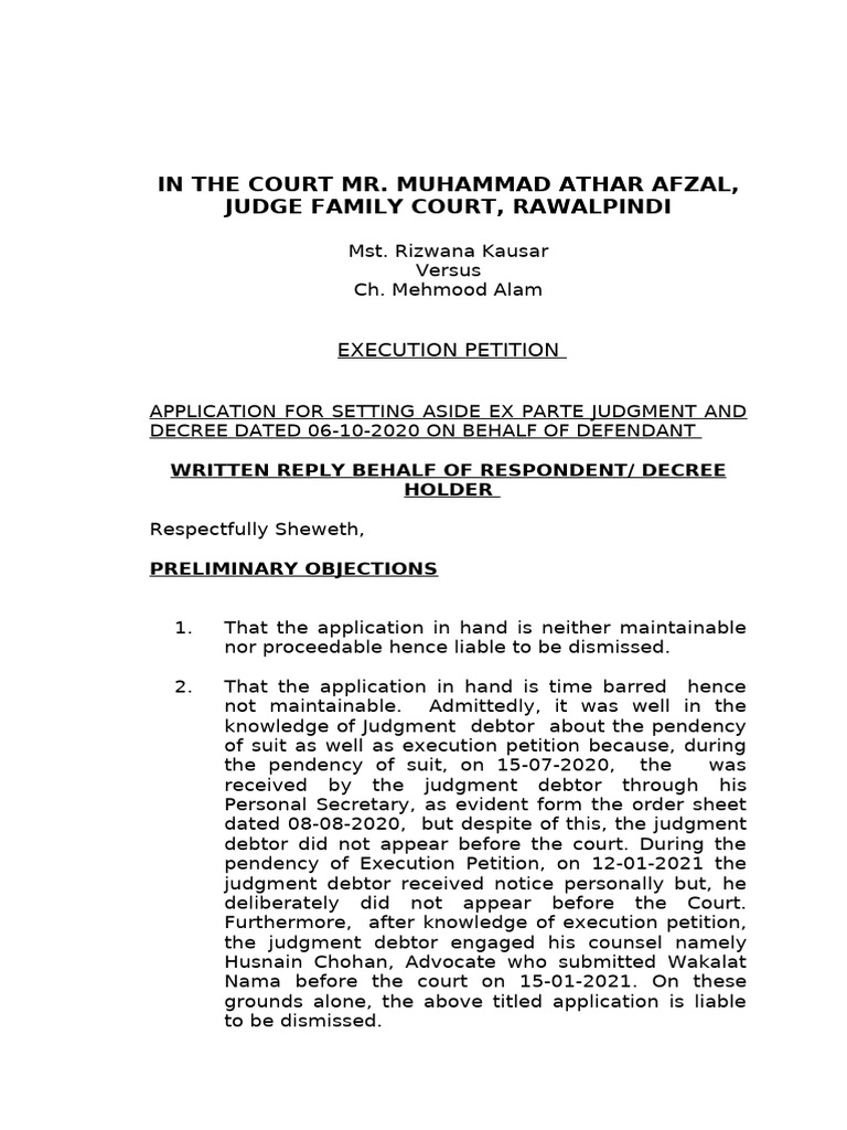Written Reply To Application For Suspension of Ex Parte Judgment | PDF