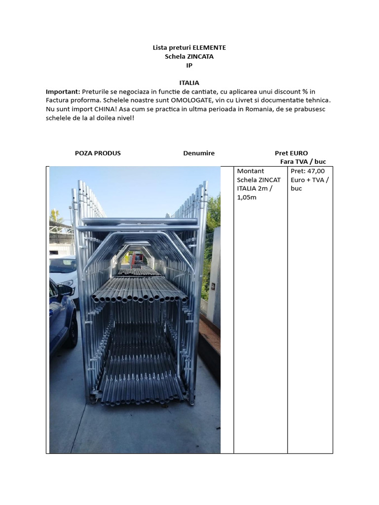 Lista Preturi ELEMENTE SCHELA ZINCATA (Preturi de Lista Septembrie 2024 ...