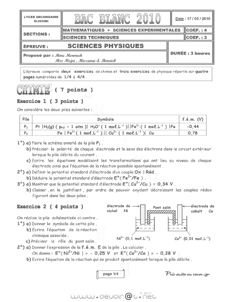 Devoir Corrige de Synthese N 3 Physique Bac Mathematiques 2010 2011 Eleve Sinda | PDF