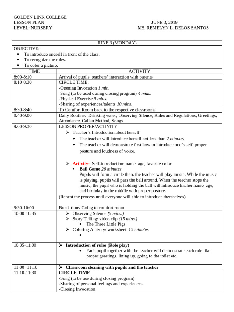 1st Week General Lesson Plan of Nursery | PDF