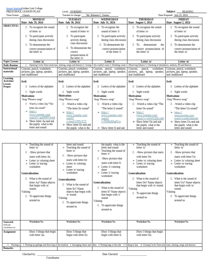 Learning Plan Week2 - NURSERY - READING | PDF | Phonics | Language Arts ...