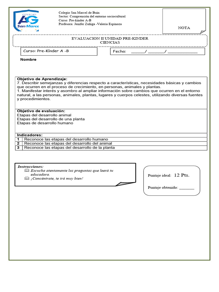 Prueba Ciencias Pre Kinder II | PDF