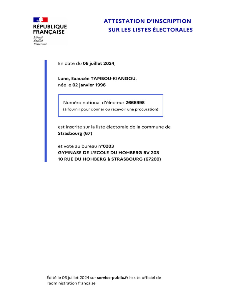 Attestation Inscription Liste Electorale TL | PDF