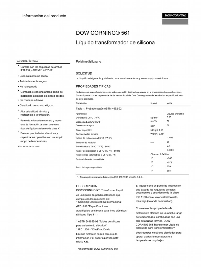 TDS Dow Corning 561 Silicone Transformer Fluid | PDF
