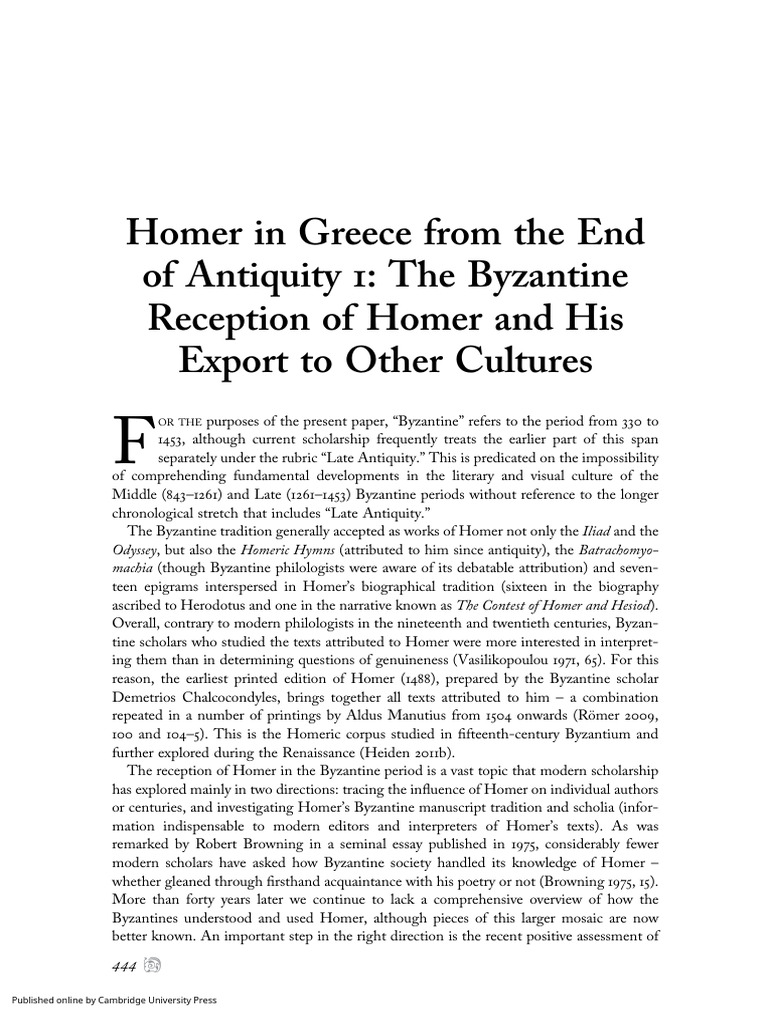 The Byzantine Reception of Homer and Hi | PDF | Homer | Byzantine Empire