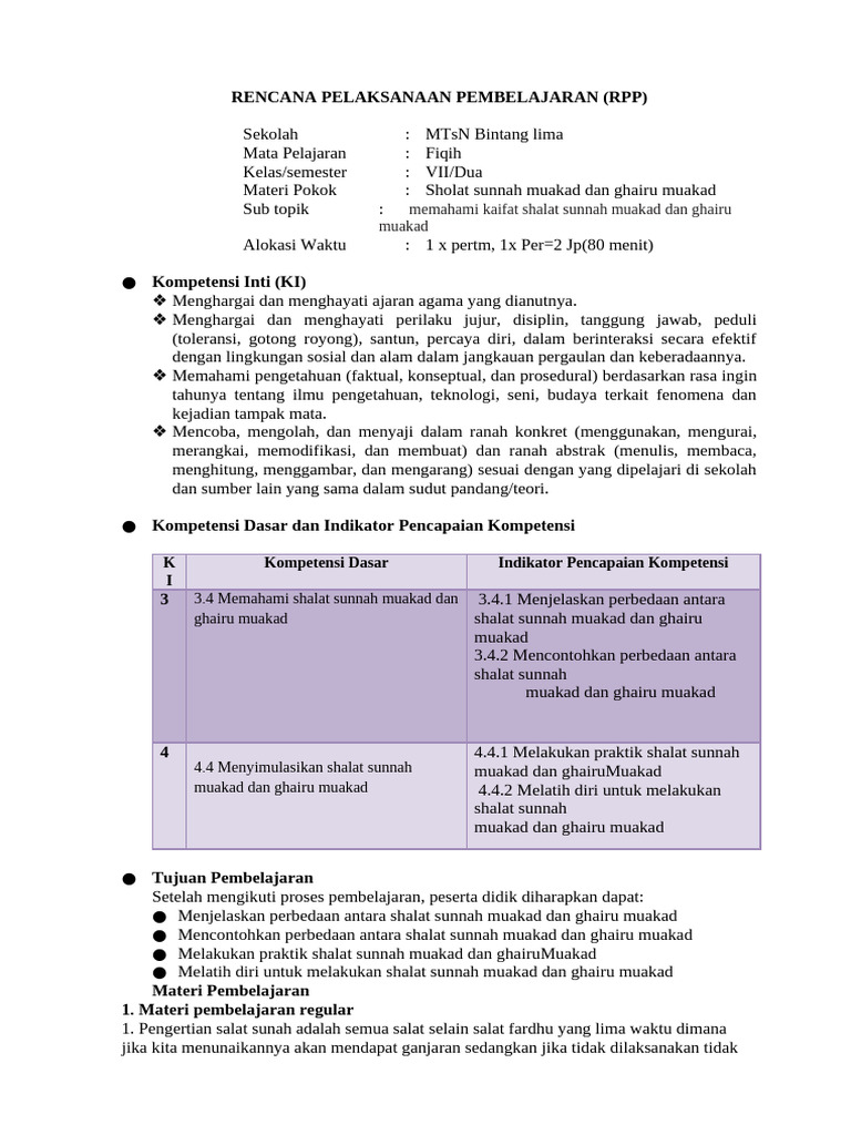 RPP Sholat Sunnah | PDF