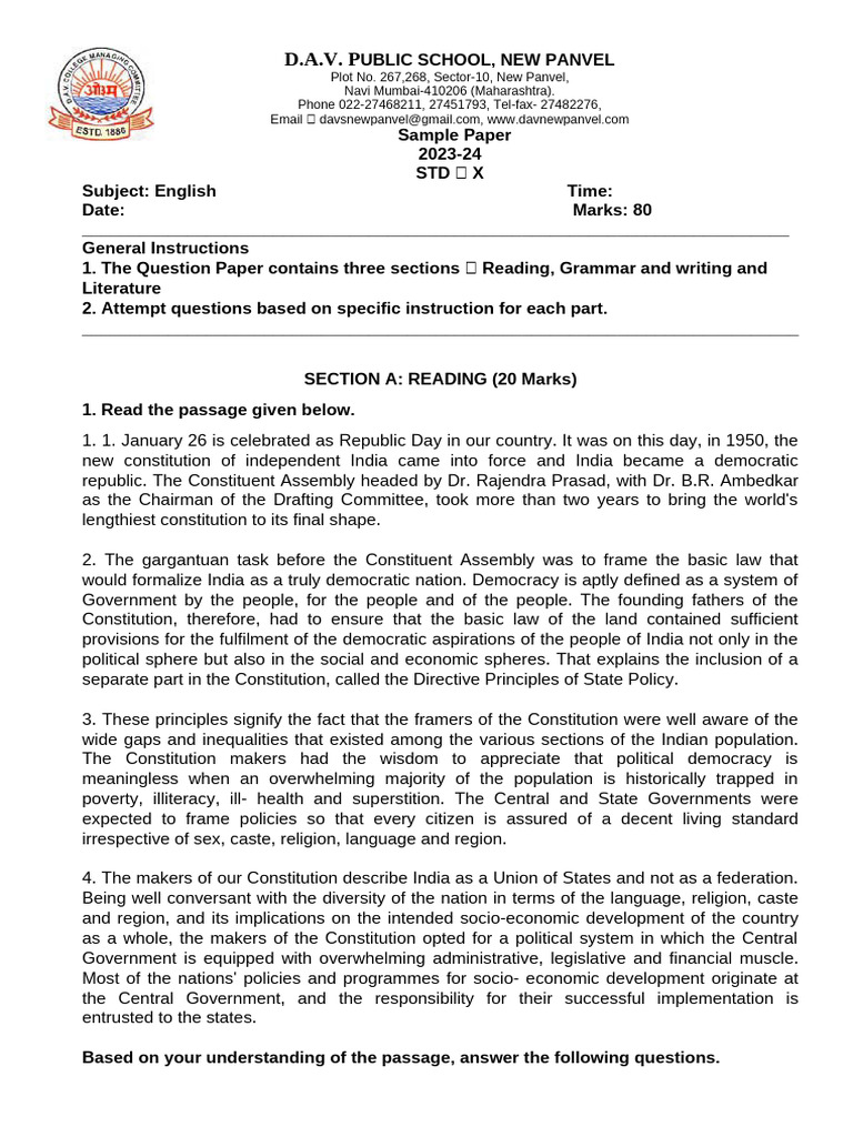 X English Sample Paper 23-24 | PDF